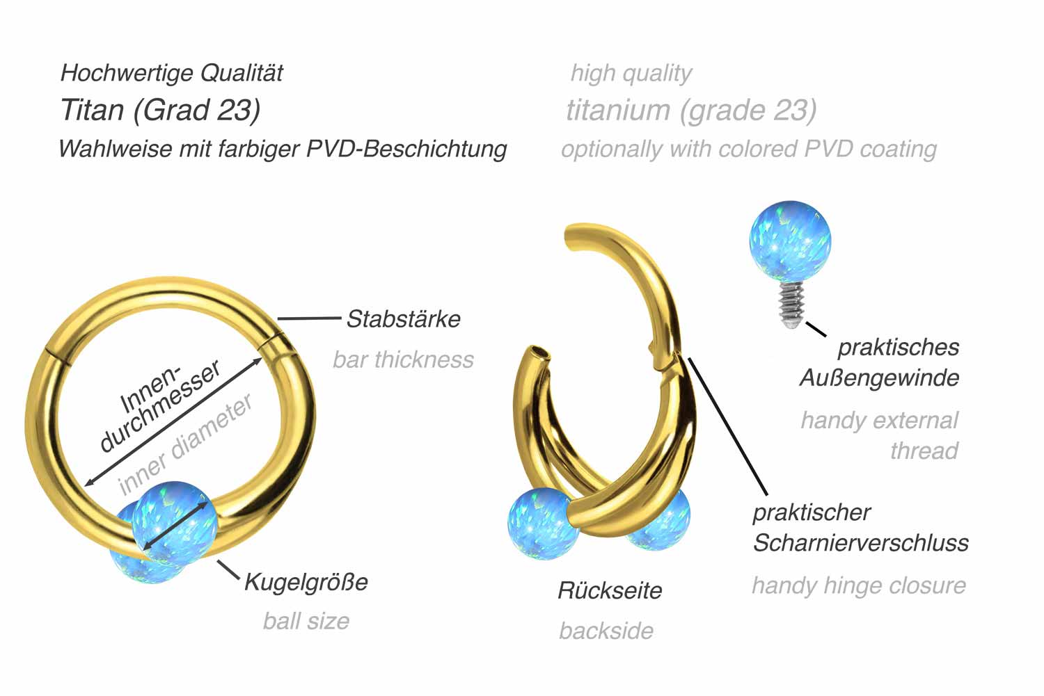 Titan Segmentring Clicker mit Innengewinde 3 RINGE + 2 SYNTHETISCHE ...